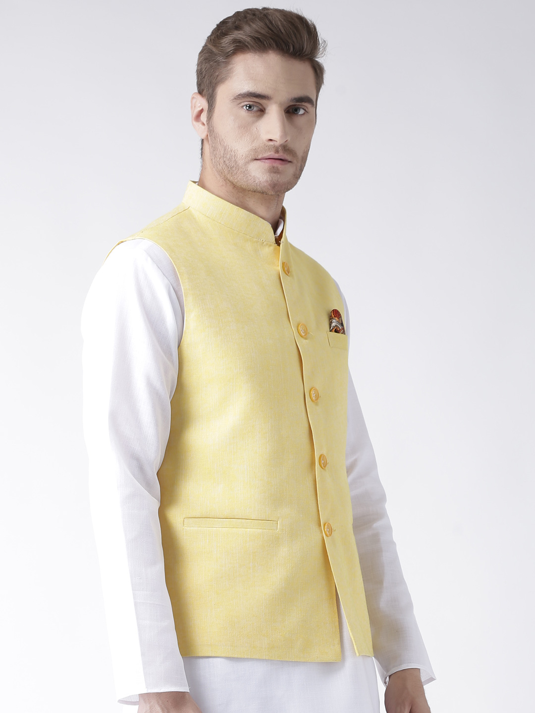 Buy Hangup Men's Linen Blend Yellow Nehru Jacket Online @ ₹1399 from ...