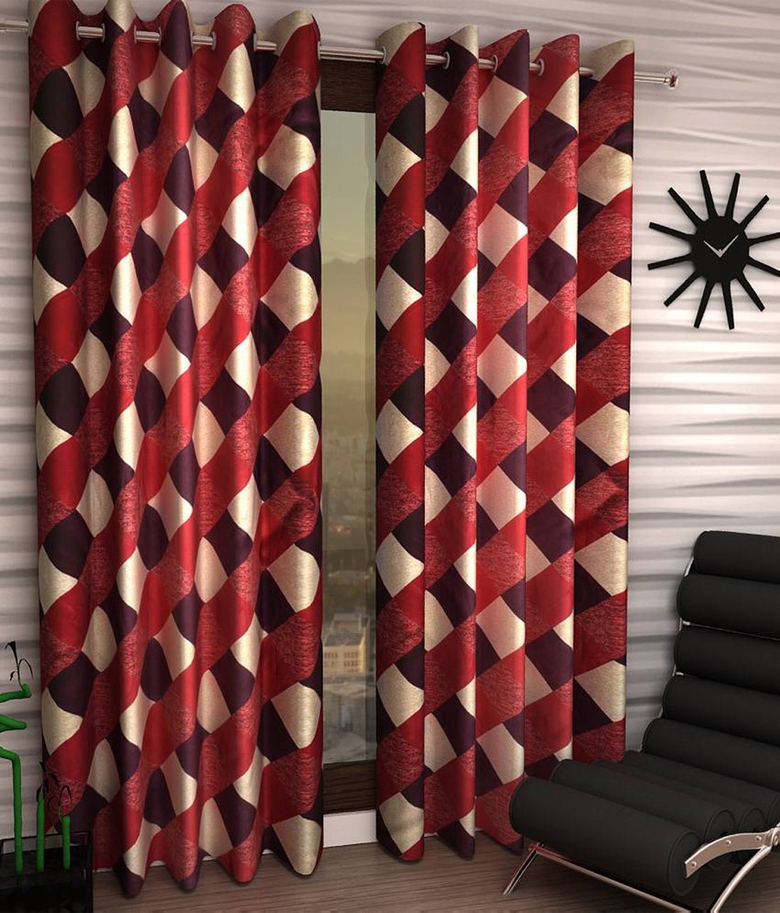 Buy BestWell Polyester Maroon Color Eyelet Window Check Box Curtain ...