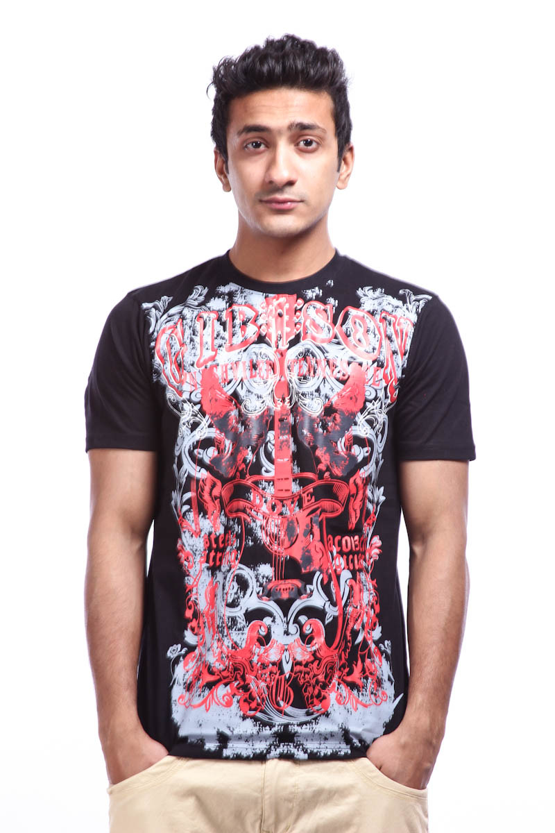 Lycans Men's 100% Cotton LYSTSH004-Guitar-Black