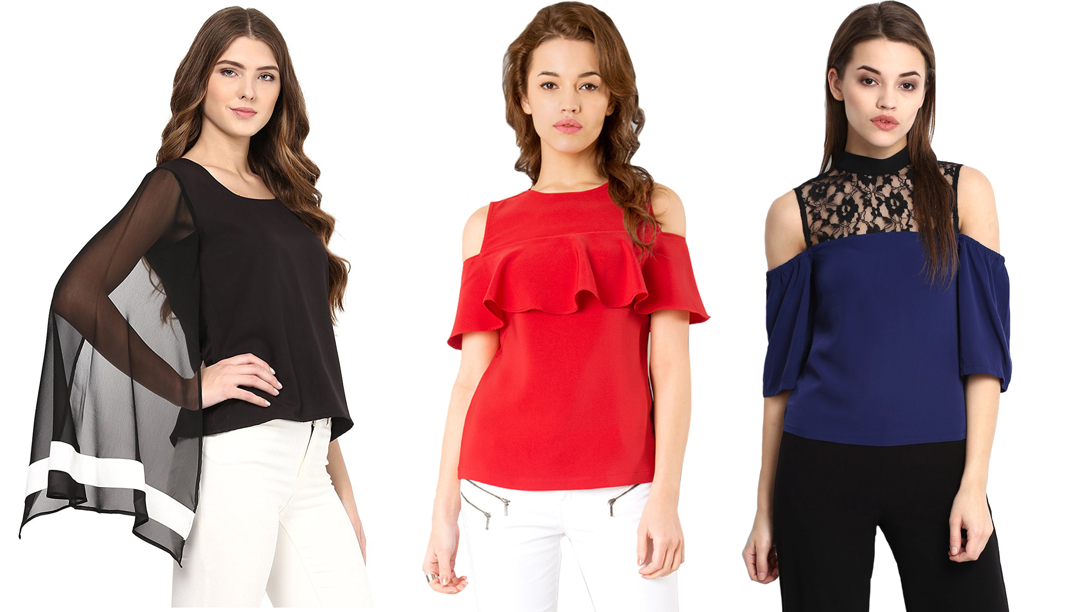 Buy Combo of 3 Tops (Black Cape Top + Red Cold Shoulder Ruffle + Black ...