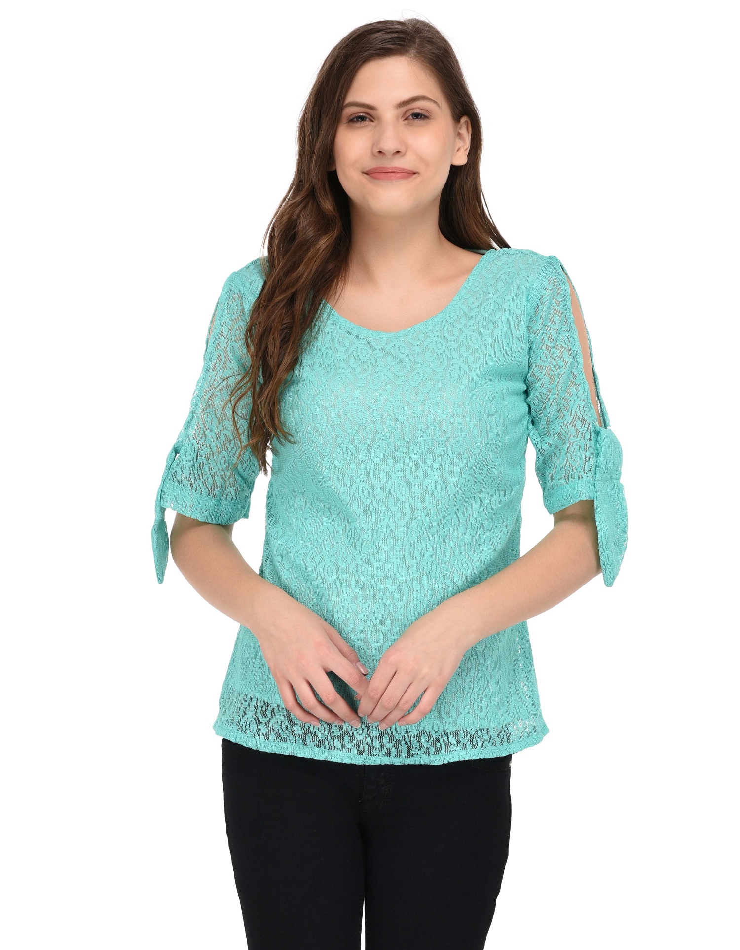 Buy Fashion Bea Turquoise Cut-Out Sleeves 3/4th Sleeves Net Top Online ...
