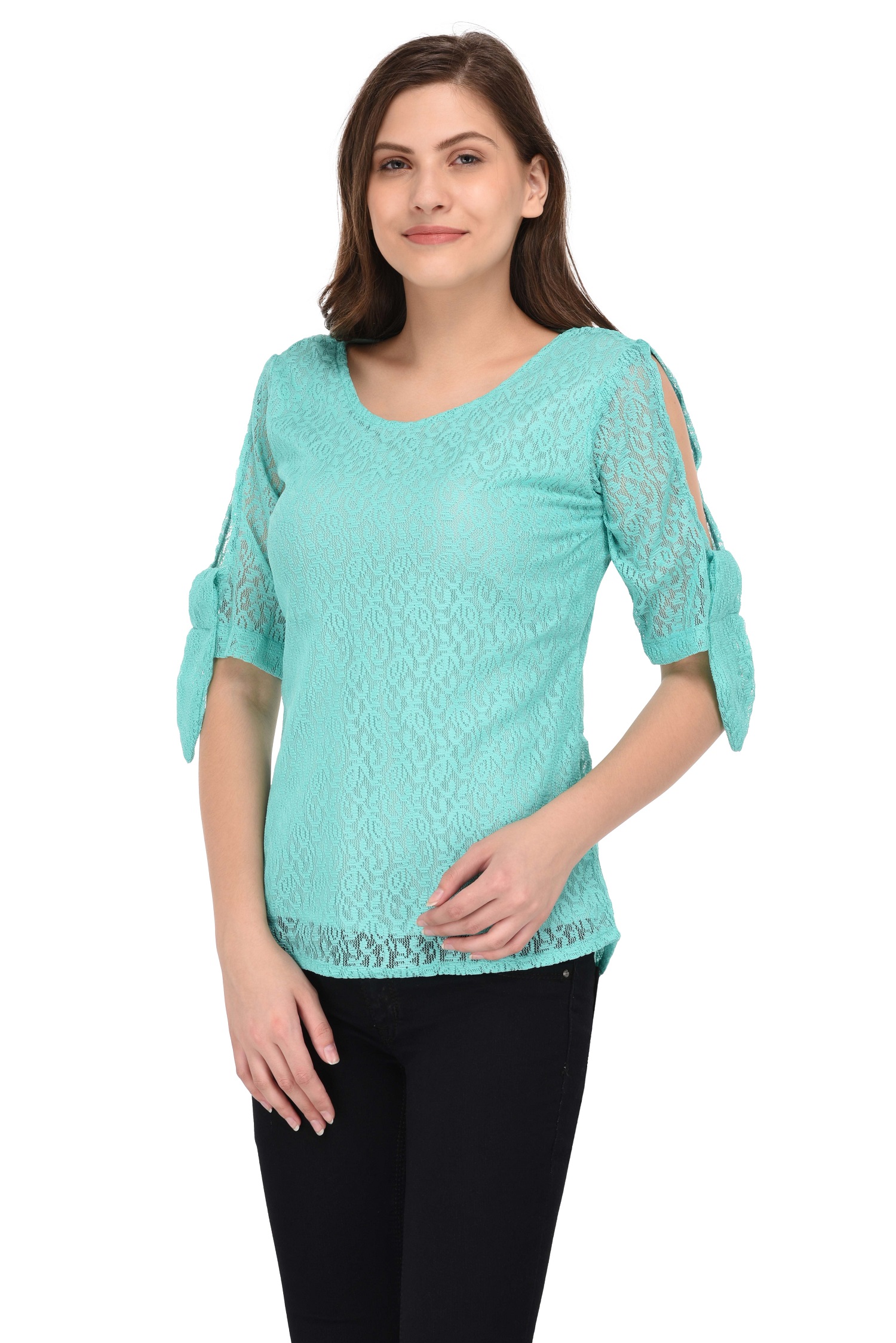 Buy Fashion Bea Turquoise Cut-Out Sleeves 3/4th Sleeves Net Top Online ...