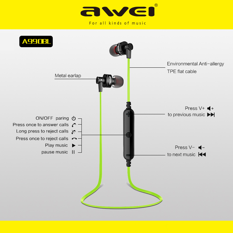 Buy Awei A990BL 110dB Noise-Isolation Sweat-Proof Flat-Wire Wireless ...