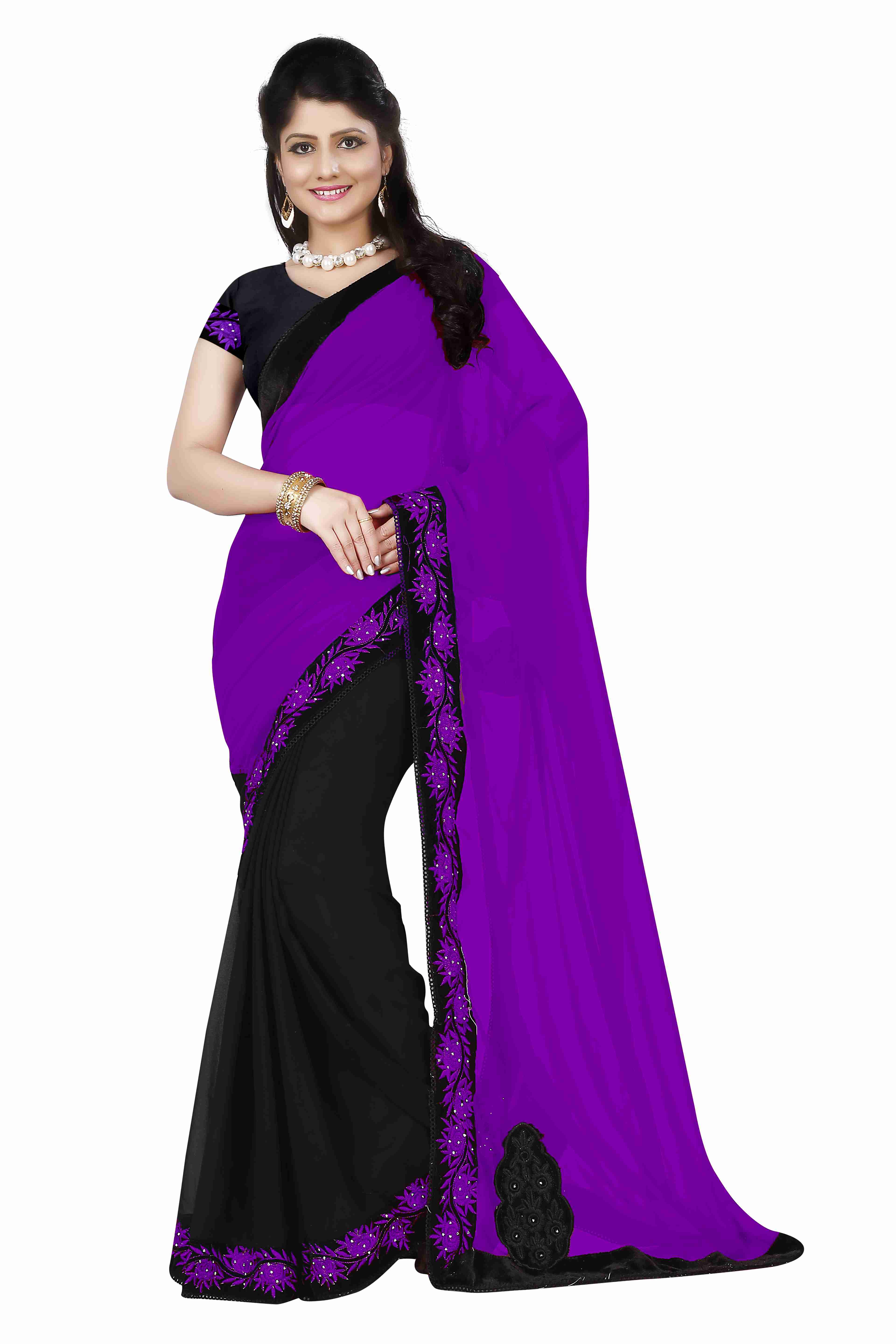 Buy Bano Tradelink Purple Georgette Embroidered Saree With Blouse ...