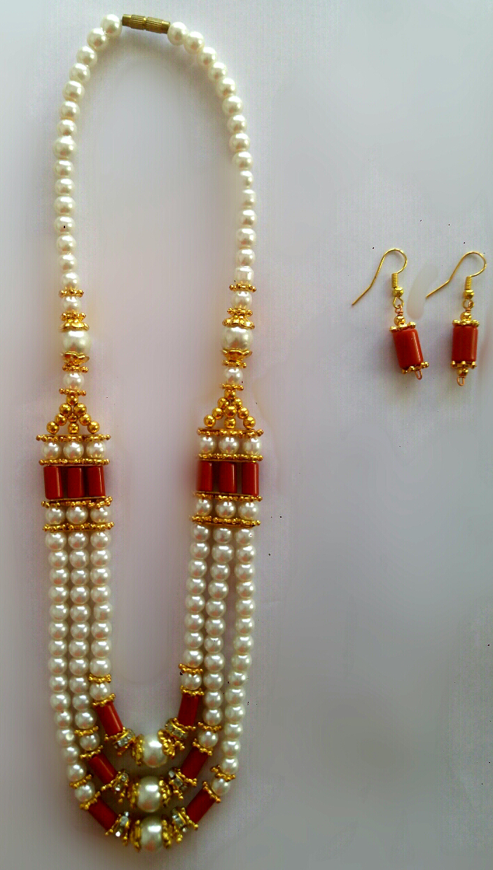 Buy white Pearl and Red coral ( havala,moonga) three layers necklace ...