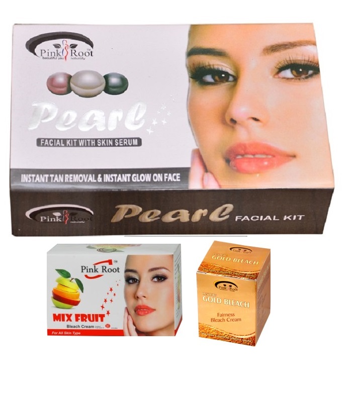 Buy Pink Root Pearl Facial Kit, Mix Fruit and Gold Bleach Cream Pack of ...