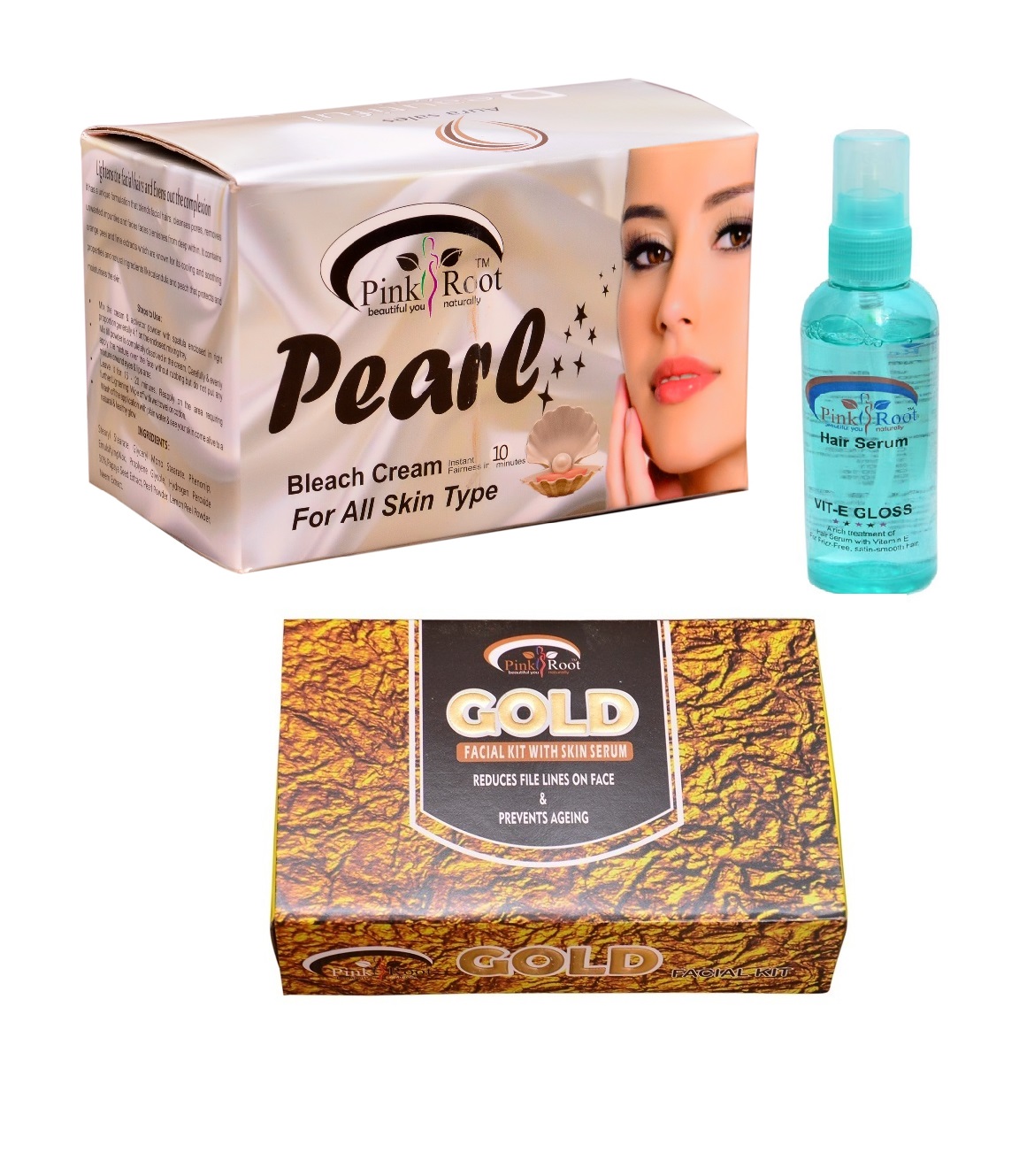 Buy Pink Root Pearl Bleach Cream, Hair Serum and Gold Facial Kit Pack ...