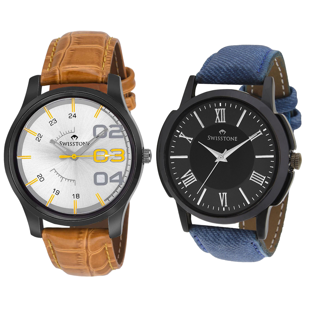 Buy Swisstone GR012-WHT-TAN GR019-BLK-BLU analog wrist watch combo for Men/Boys Online @ ₹599 ...