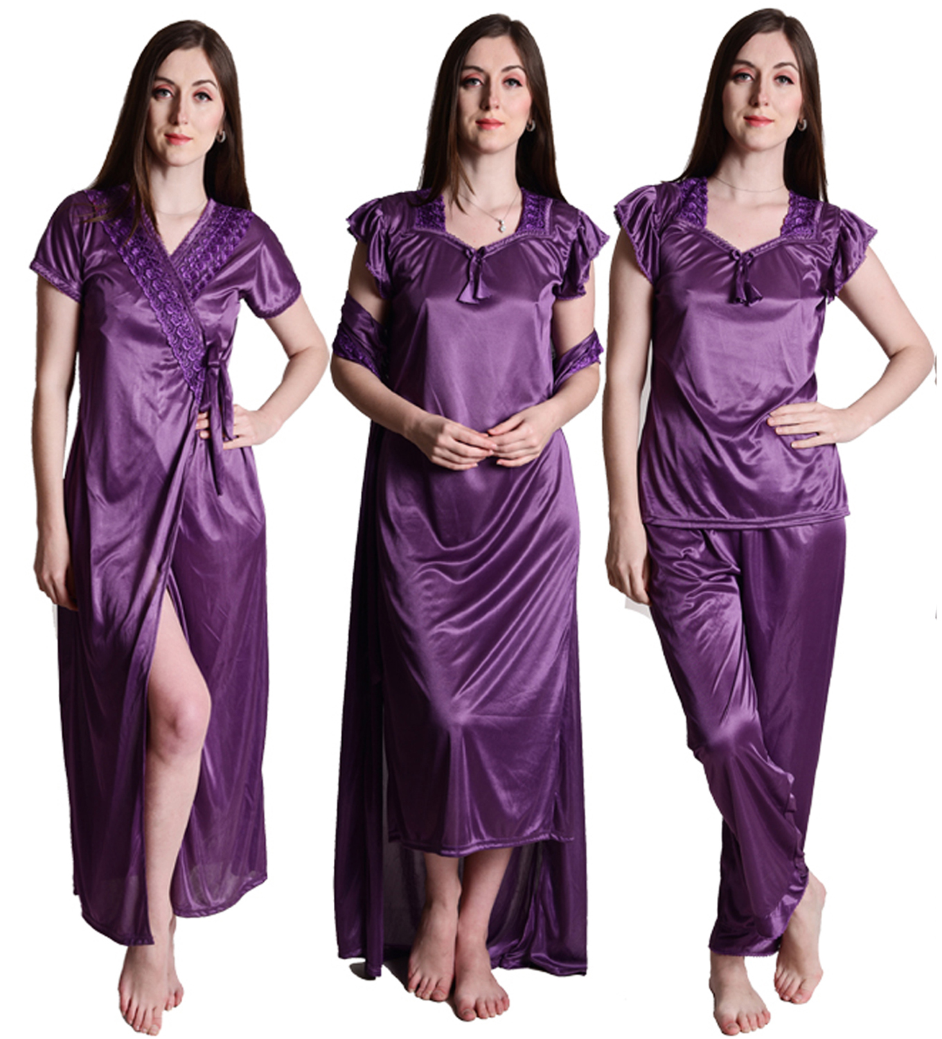 Buy Senslife women satin nightwear sleepwear 4 pc set Nighty Wrap Gown ...