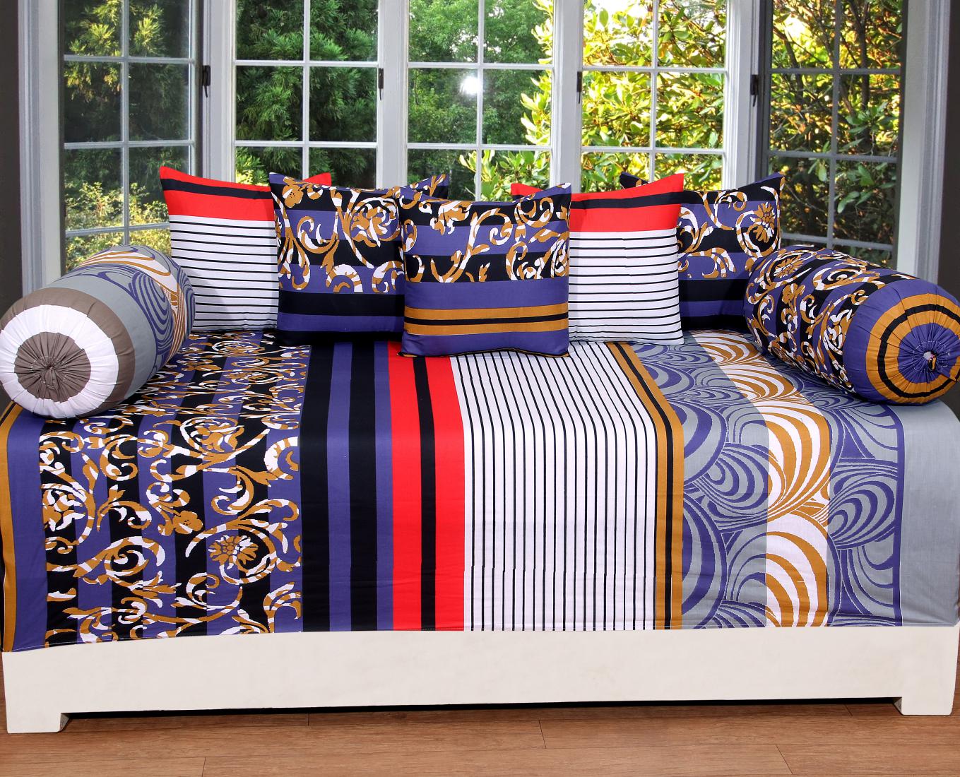 Buy ZAIN Cotton Diwan Set of 8 Pcs. (1 Single Bed Sheet, 5 Cushion ...