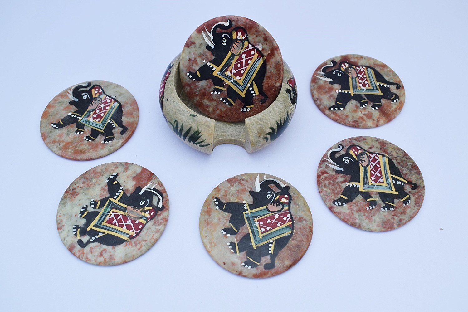 Buy Handcrafted Round Soapstone Coaster with Elephant Design Carving ...
