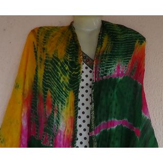 Tie Dye India Shawl Dupatta Chunni Scarf beaded Fringe Hand Crafted Green