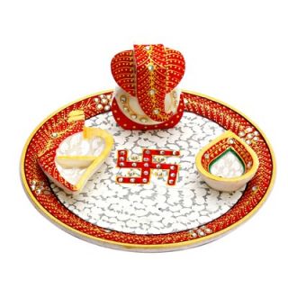 Marble Pooja Thali With Diya, Chopra & Ganesh Figurine