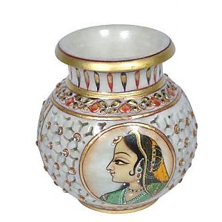 Lady Figure Painted Marble Matki Pot