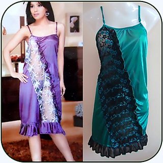 DESIGNER HONEYMOON NIGHTWEAR 2 PIECE IN NET & SATIN LYCRA-TURQOUISE BLACK