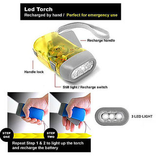 3 LED Emergency Torch Battery FlashLight Dynamo Hand Crank Rechargeable ...
