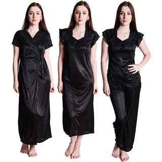 Buy Senslife women satin nightwear sleepwear 4 pc set Nighty Wrap Gown ...