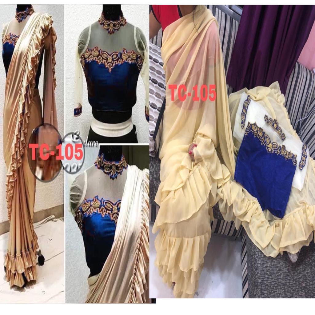 Buy Georgette ruffle frill work saree with satin silk net embrodery ...