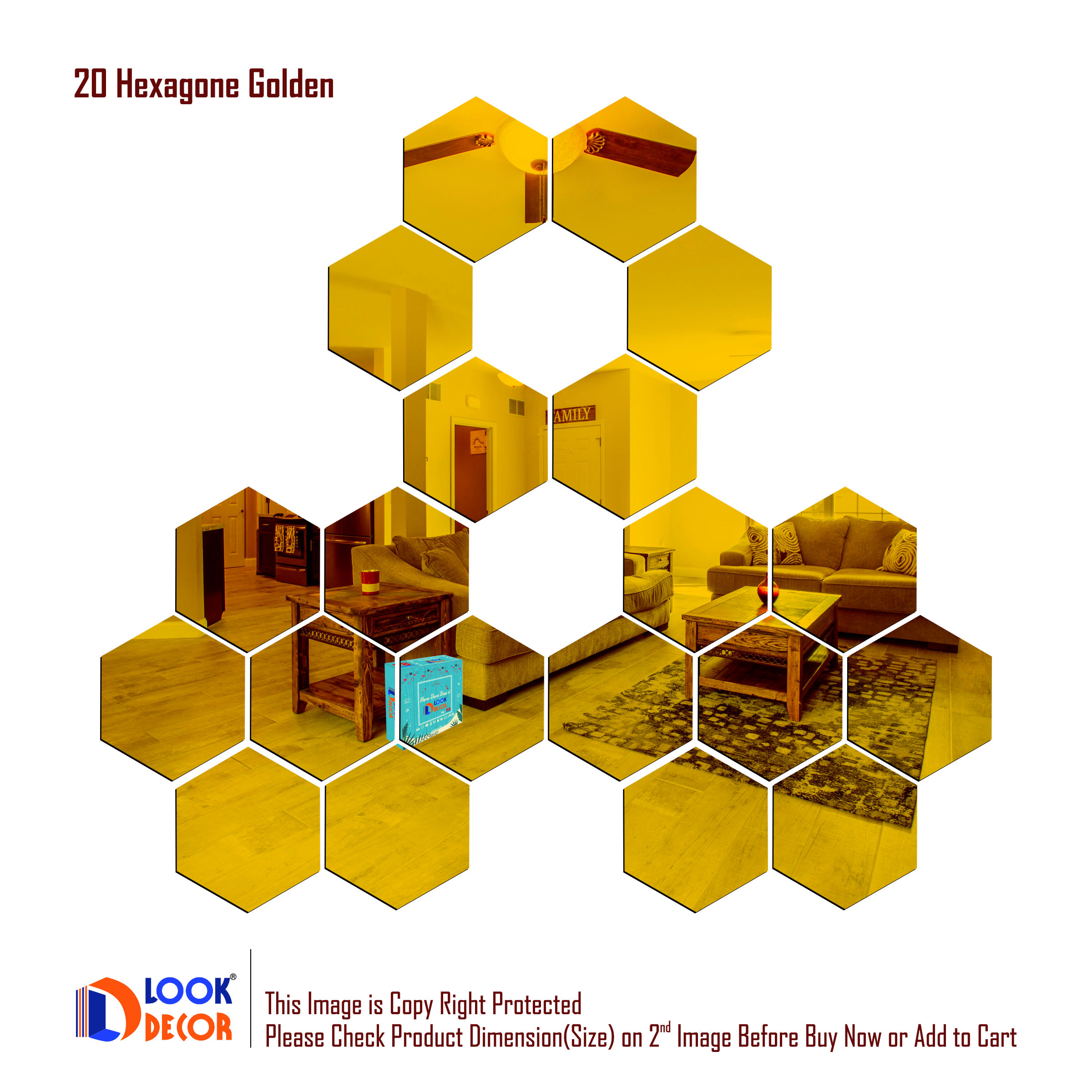 Buy Look Decor-20 Hexagon-(Golden-Pack of 20)-3D Acrylic Mirror Wall ...