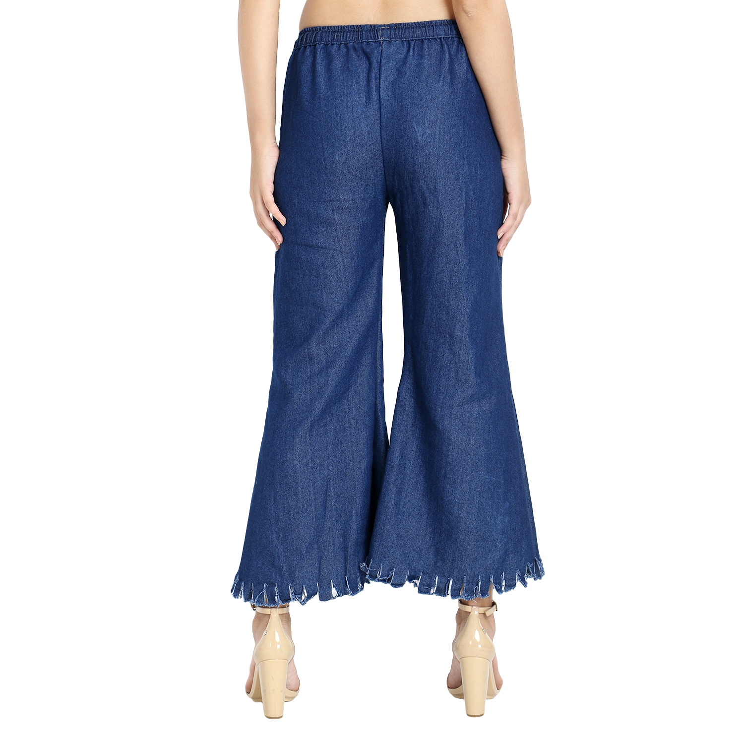 Buy BuyNewTrend Denim Dark Blue Flared Palazzo Pant with Raw Edge For ...