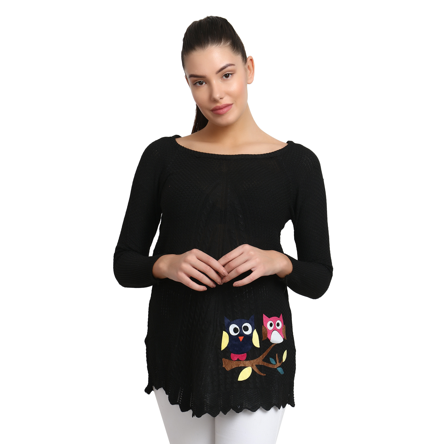Buy Buynewtrend Hot Winter Black Pure Woolen Owl Printed Womens Sweater ...