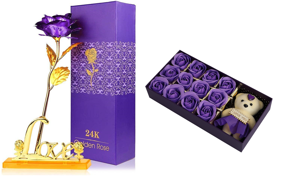 Buy Purple Rose With Love Stand And Teddy Purple Box Online @ ₹599 from ...