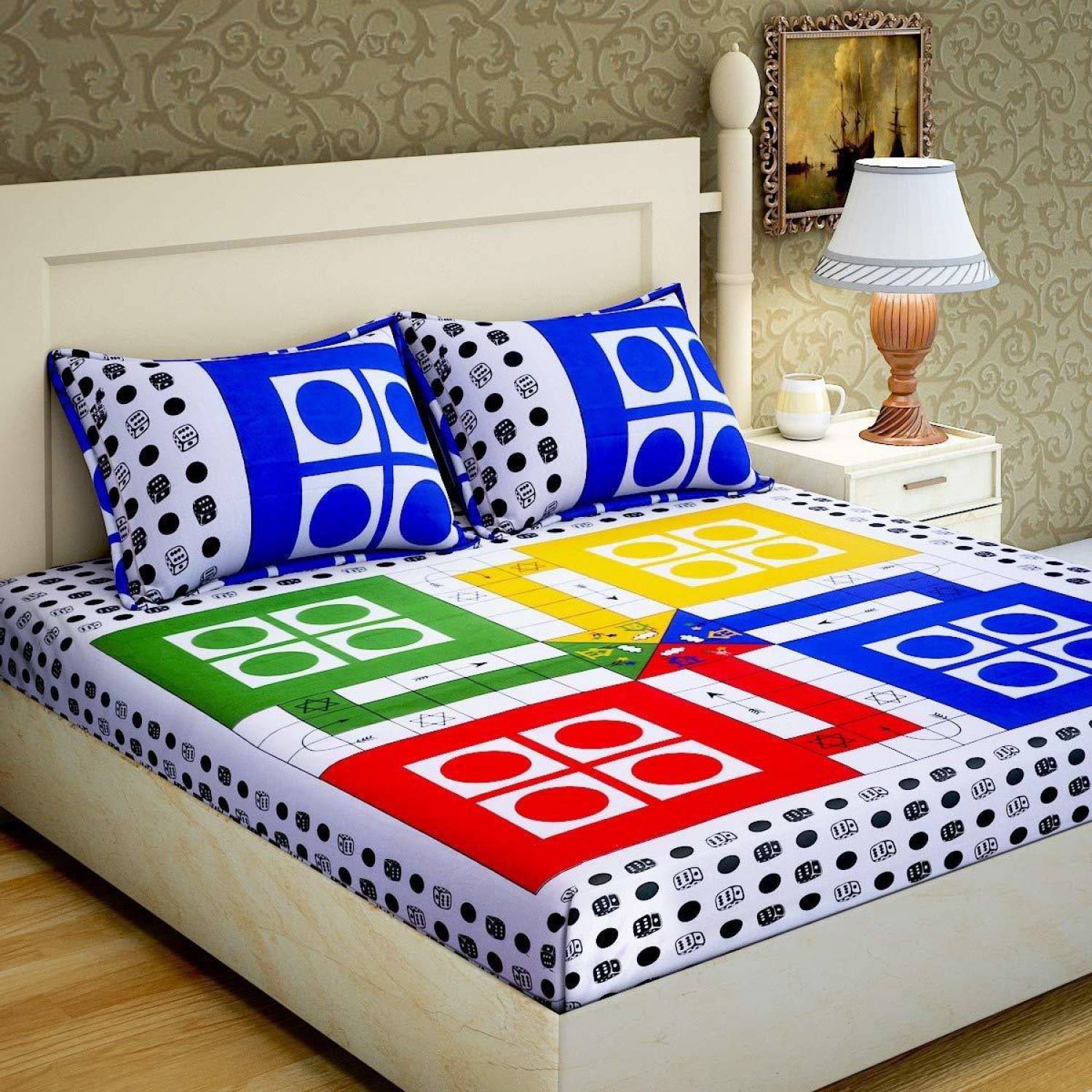 Buy FrionKandy Cotton 120 TC Multicolor Ludo Print Double Bed Sheet With 2 Pillow Covers Online buy-frionkandy-cotton-120-tc-multicolor-ludo-print-double-bed-sheet-with-2-pillow-covers-online