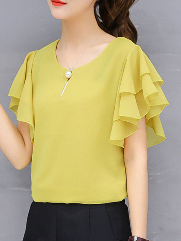 Buy Vivient Women Light Yellow Ruffle Sleeve Neck Button Top Online ...