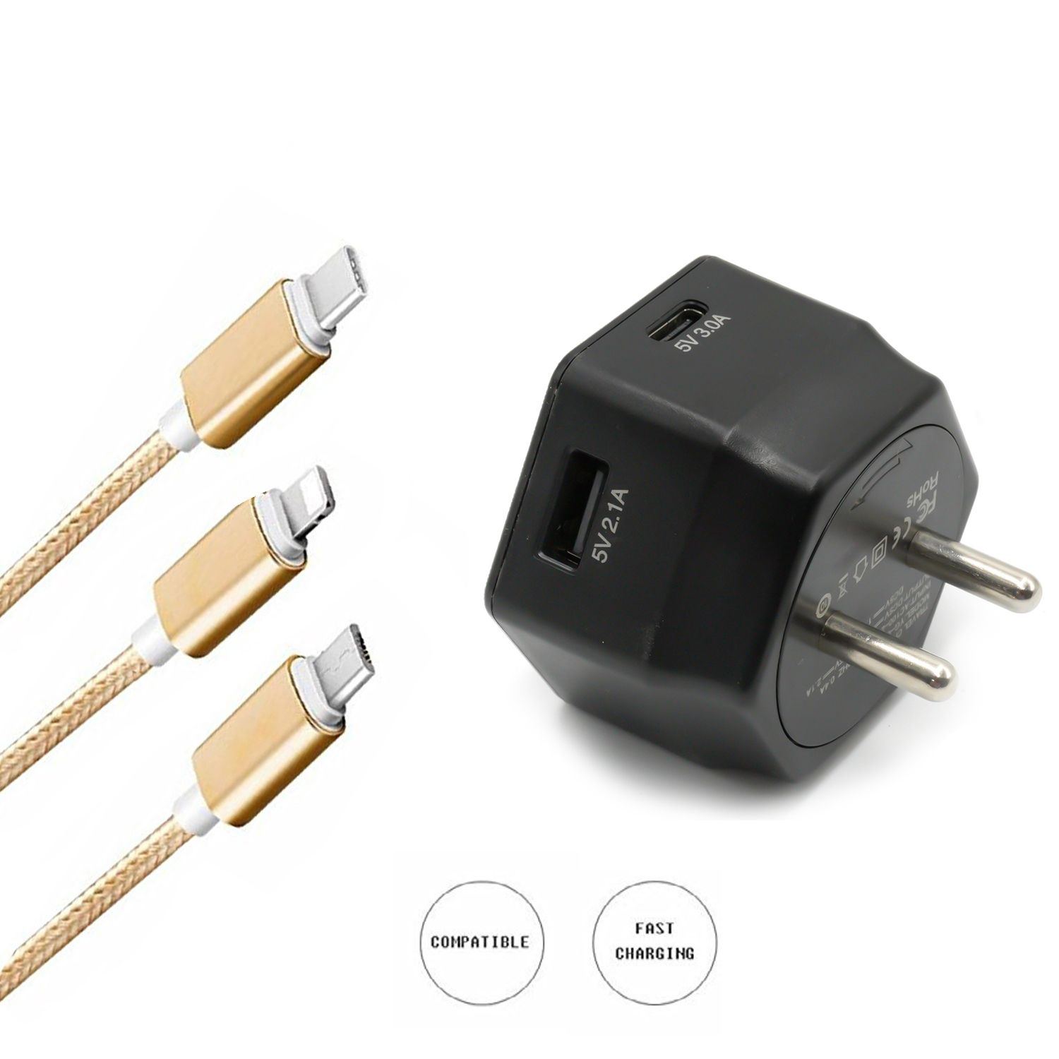 Buy Raptech Combo Dual 5V/3 Amp Fast Wall Charger With C-Type Port 5V/3 ...