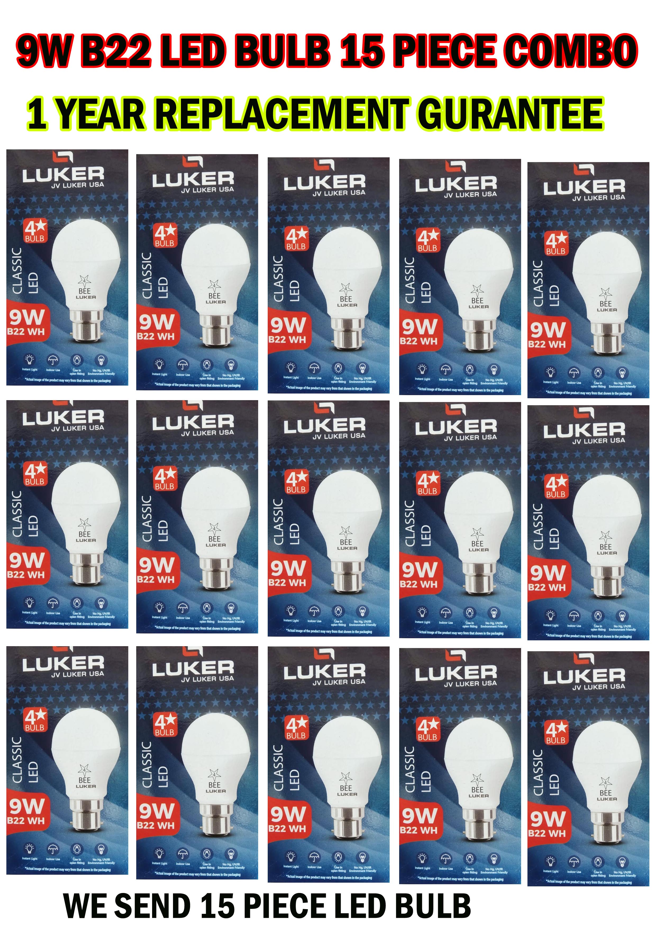 Buy Luker 9W led bulb 1year warranty 990 lumines combo pack of 15 offer ...