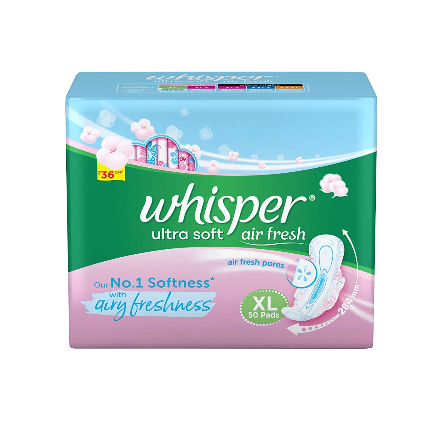 Buy 50 PADS Whisper Ultra Soft Air Fresh Sanitary Pads for Women, XL ...
