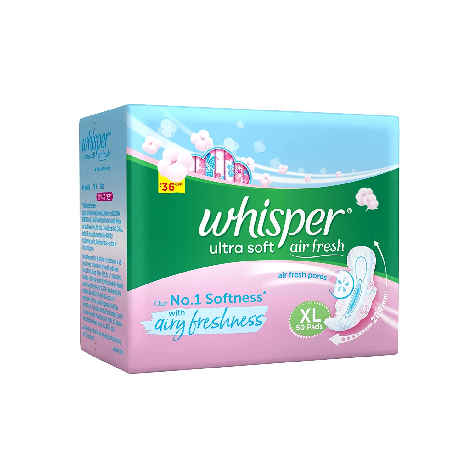 Buy 50 PADS Whisper Ultra Soft Air Fresh Sanitary Pads for Women, XL ...