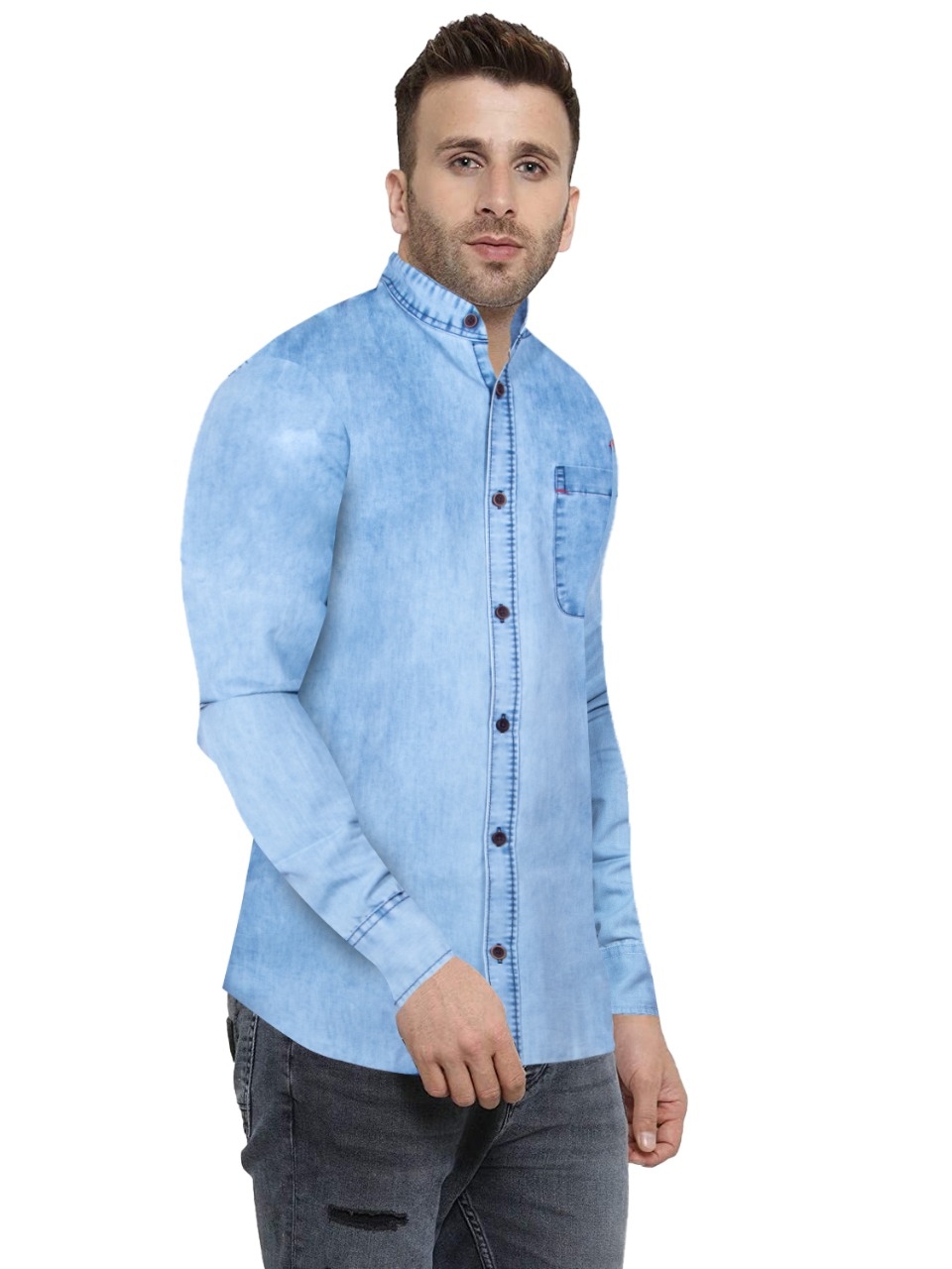 Buy Clothinkhub Light Blue Chinese Collar Full Sleeve Washed Denim ...