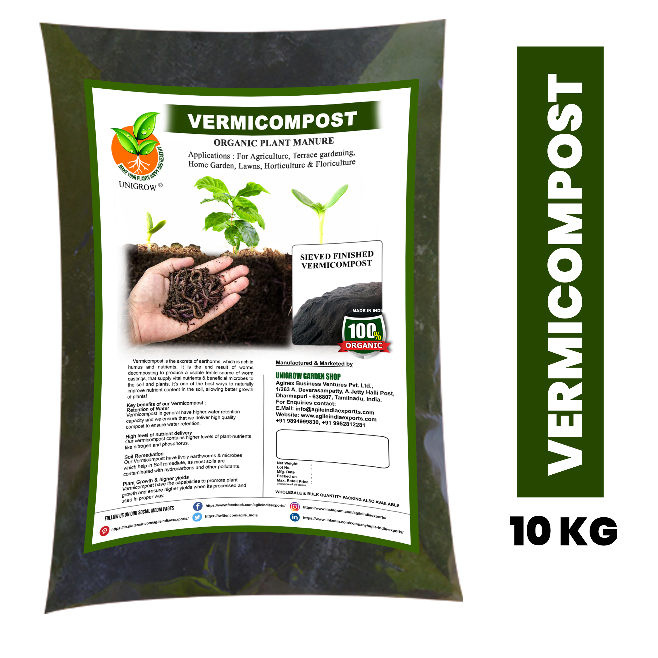 Buy UNIGROW Vermicompost Organic Fertilizer (10 kgs pack) - Pure ...