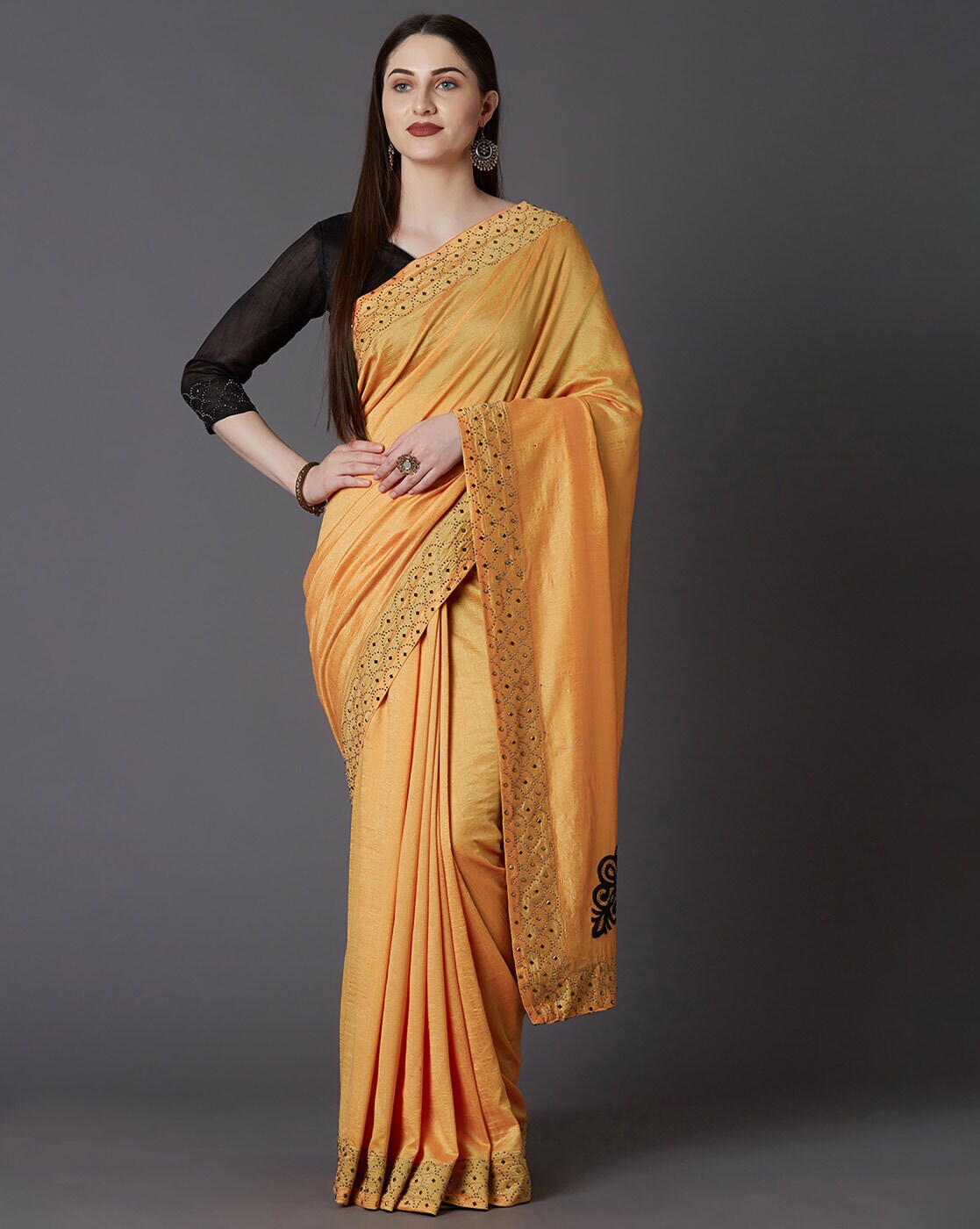 Buy Meia Yellow Vichitra Silk Sarees With Embroidred Hotfix Stone Work ...