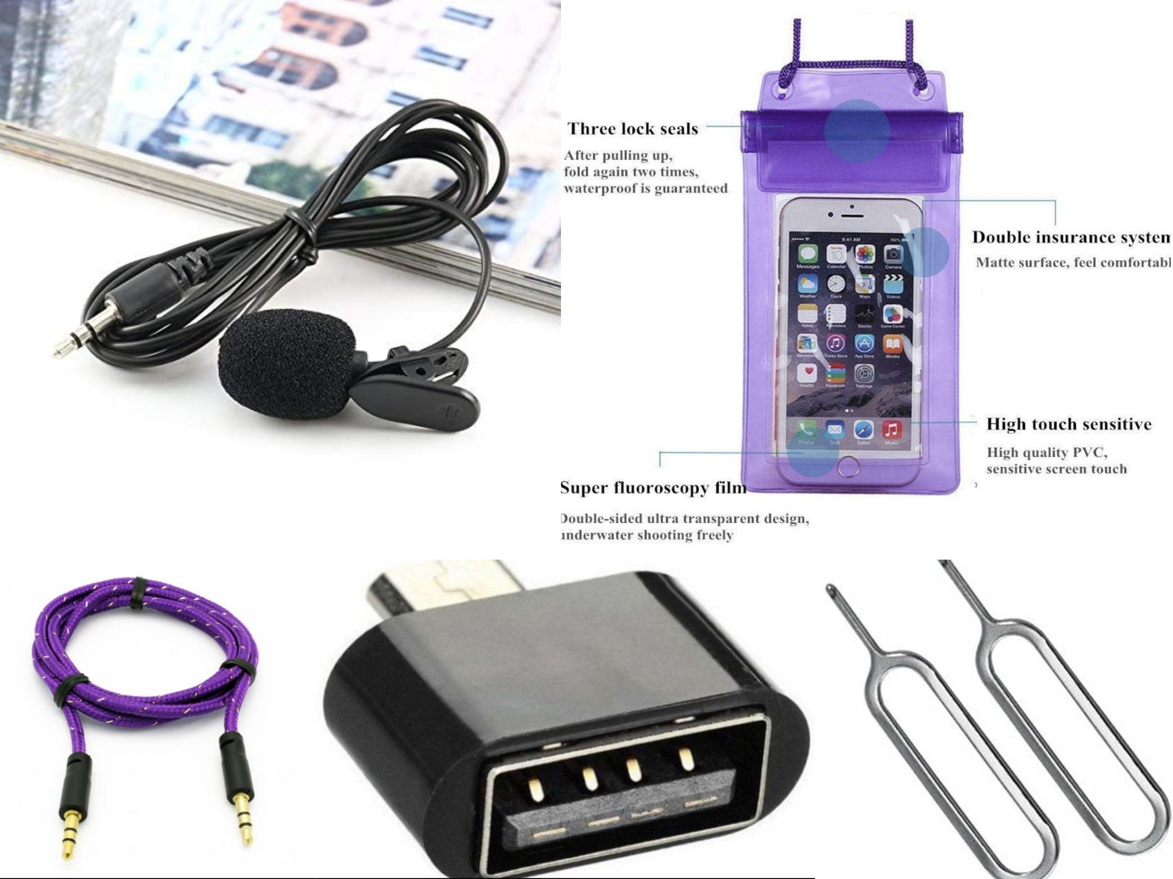 Buy Combo of Collar Mic Waterproof Mobile Pouch Aux Cable OTG And 2 SIM ...
