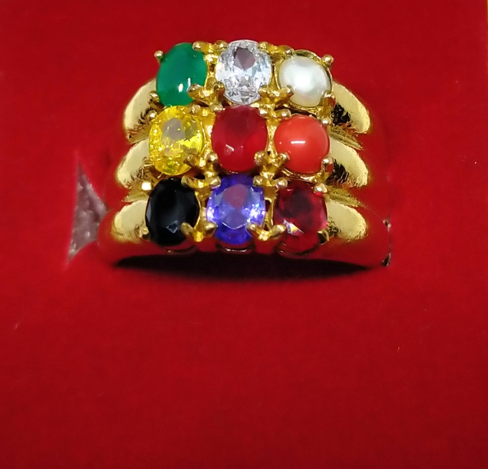 Buy Ashtadhatu Three Layer Nav Ratna Ring Of Nine Stone In Gold Plated ...