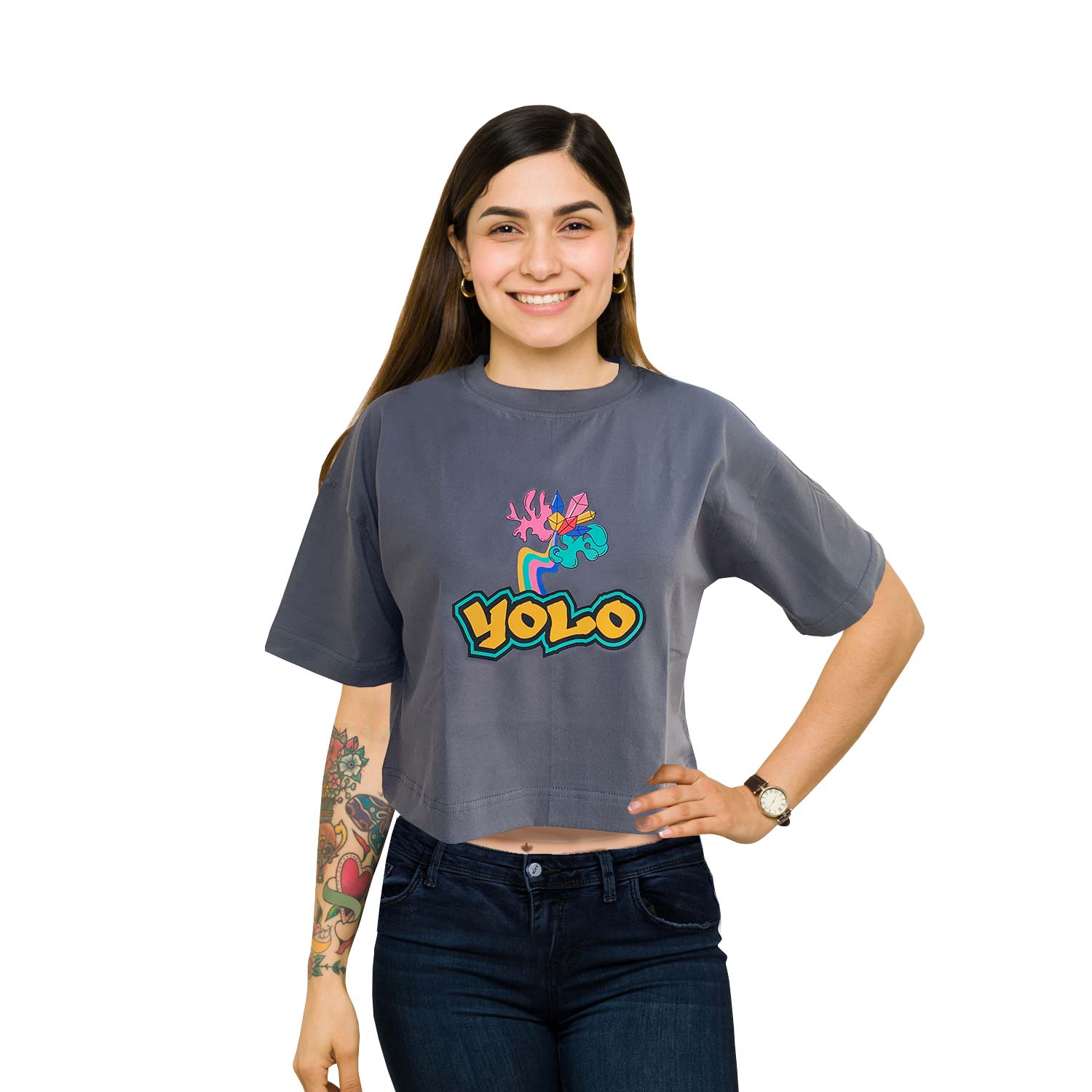 Buy Happy Things Funky YOLO Graphic Grey Oversized Crop Top for Casual ...