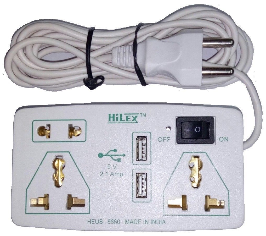 Buy Hilex Extension Board / Power Strip - 6 AMP 3 Socket + 2 USB Port ...