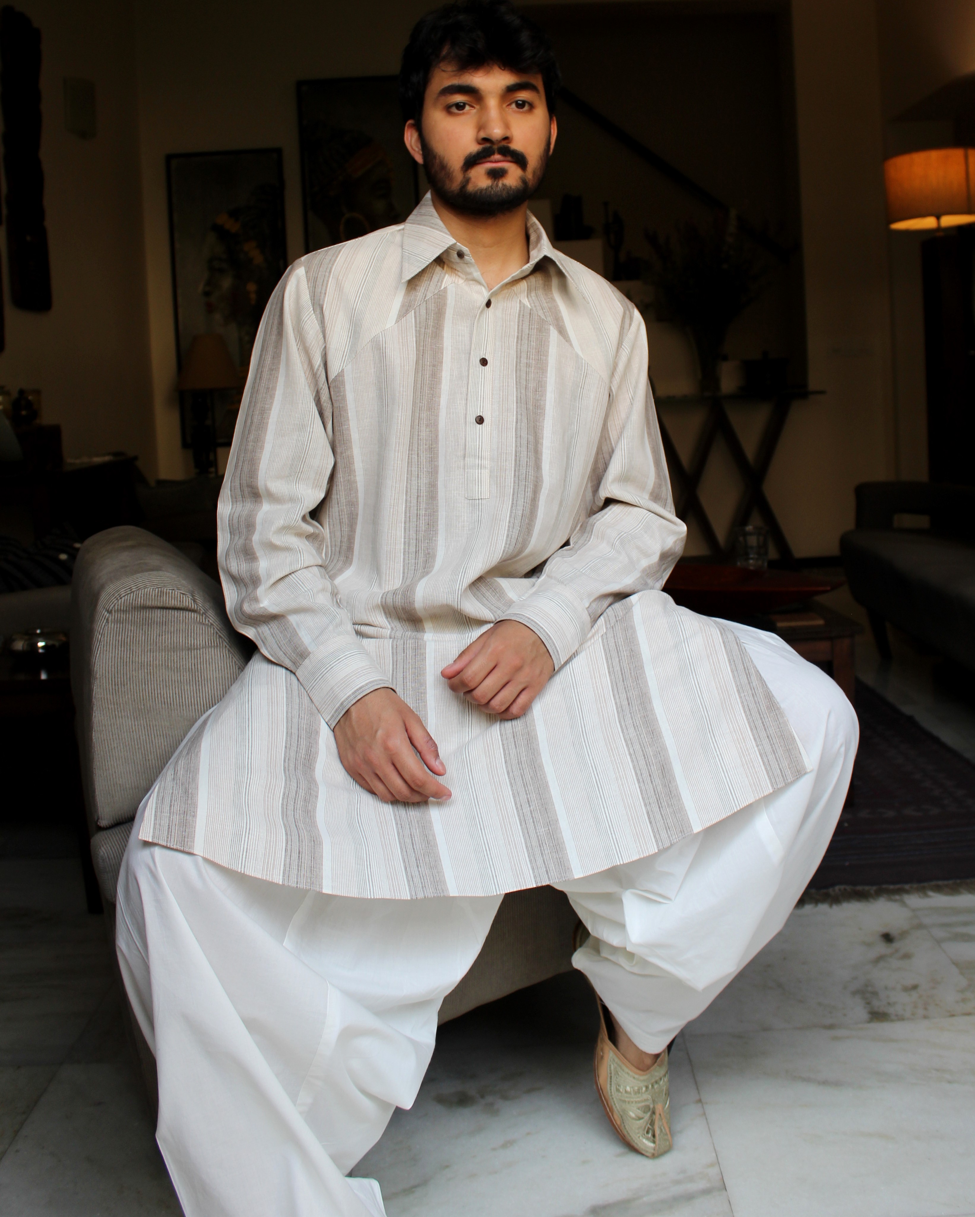 Buy Men's PATHANI kurta-pajama set - Beige stripes Online @ ₹2100 from ...