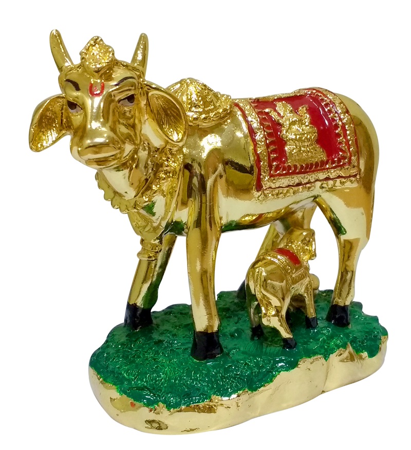 Buy Starstell Religious Hindu Kamdhenu Cow with Calf in Golden Color ...