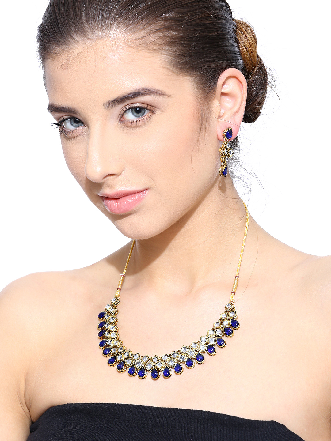 Buy Zaveri Pearls Non Plated Blue And Gold Alloy Necklace Set For Women