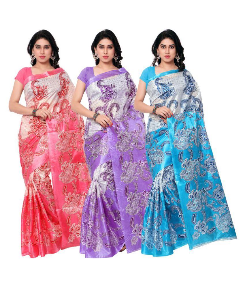 Buy Pack Of 3 SVB Sarees Multicolor Art Silk Block Print Saree Without ...