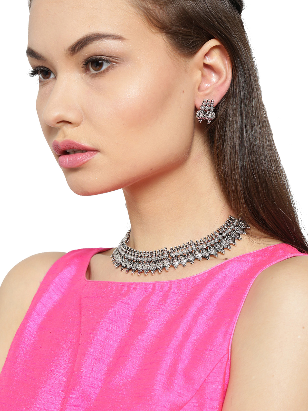 Buy Zaveri Pearls Antique Silver Goddess Temple Necklace Set Zpfk6299