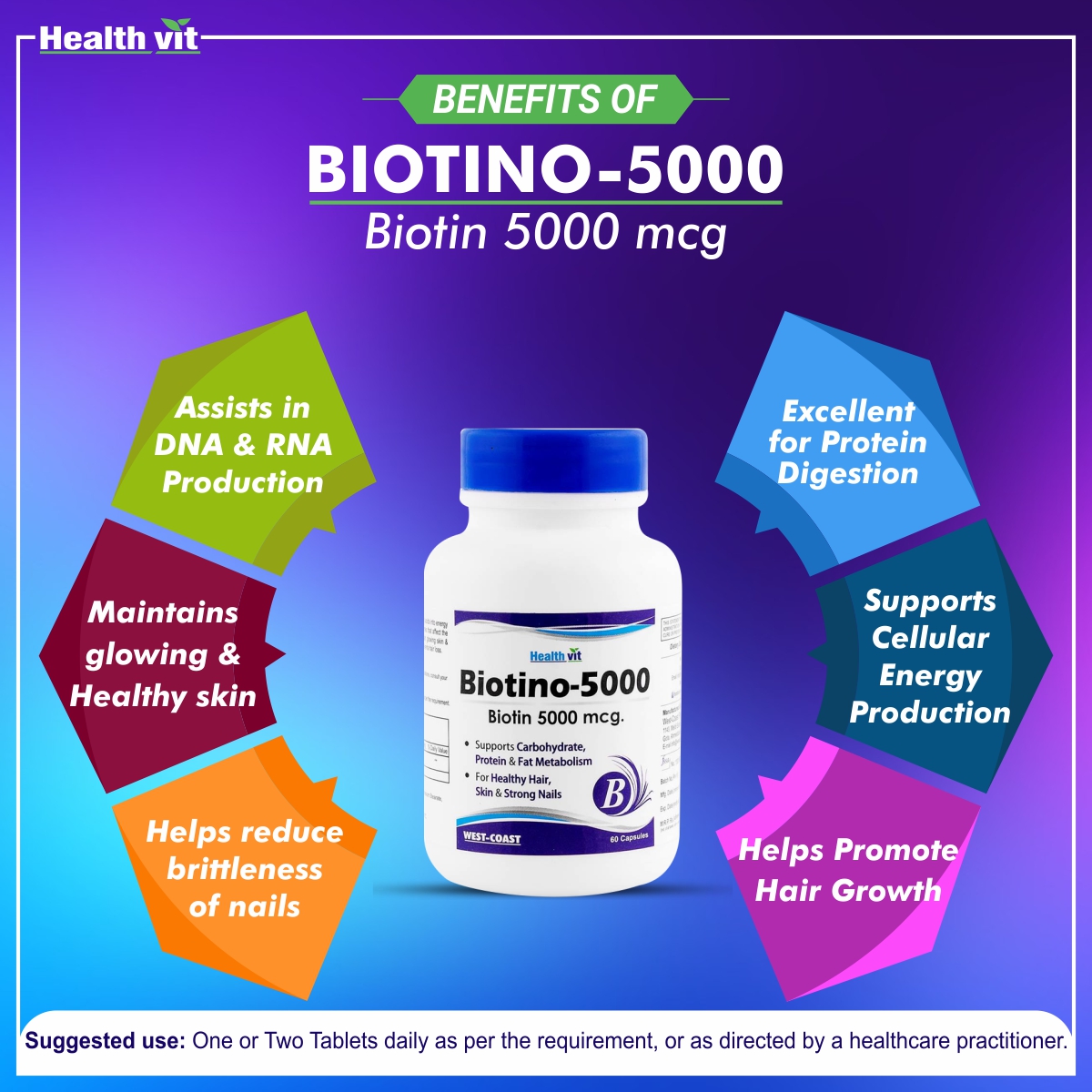 Buy 1 Get 1 Free HealthVit Biotin 5000mcg 60 Capsules For Hair, Skin ...