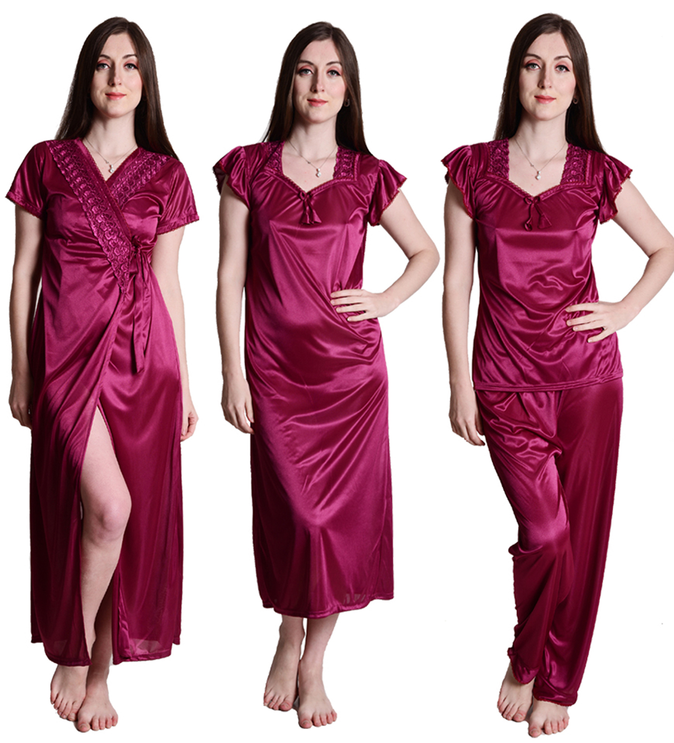 Buy Senslife women satin nightwear sleepwear 4 pc set Nighty Wrap Gown ...