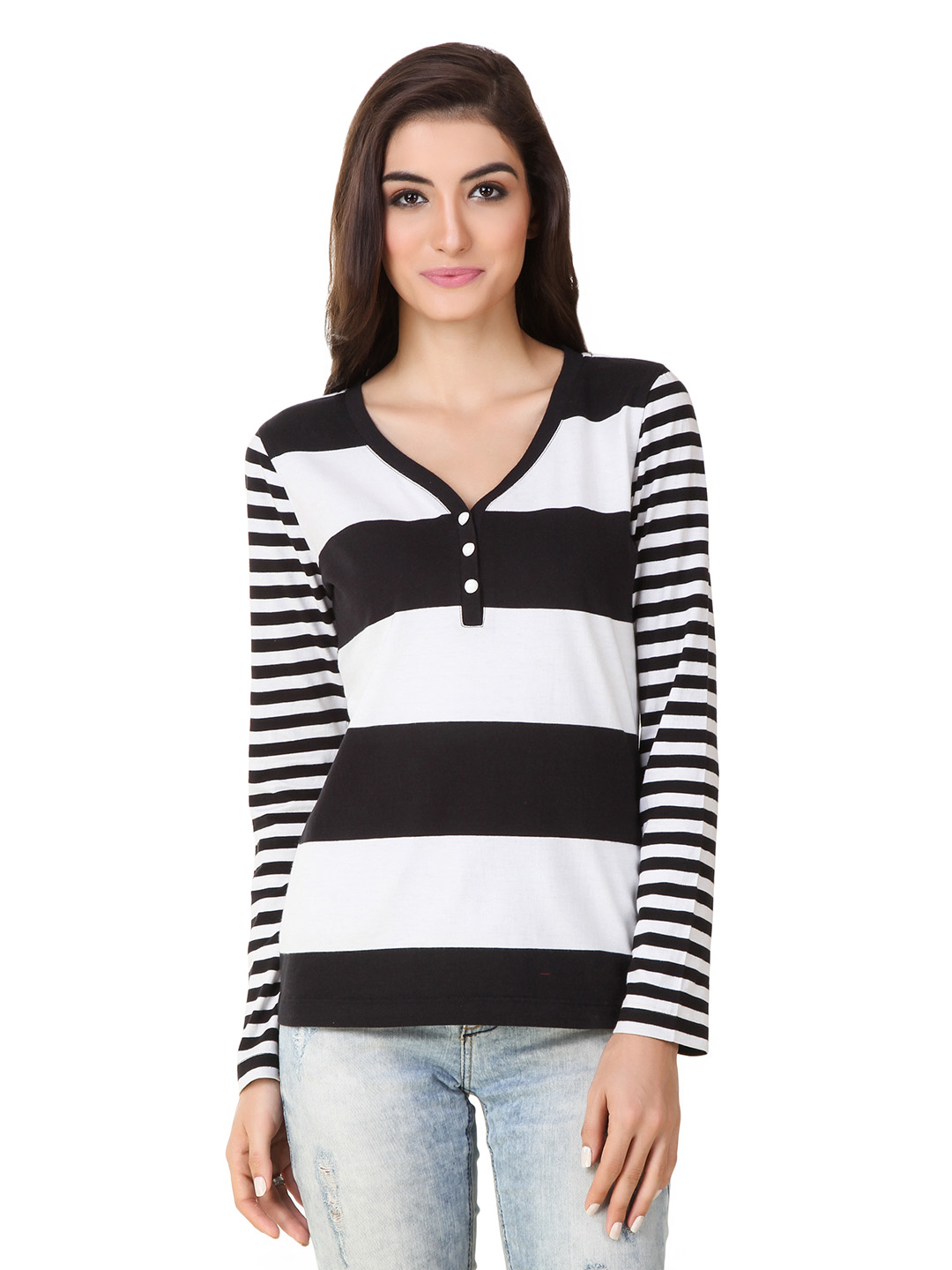 Buy Texco Women Black & White Stripe Full sleeve V' neck Top Online ...