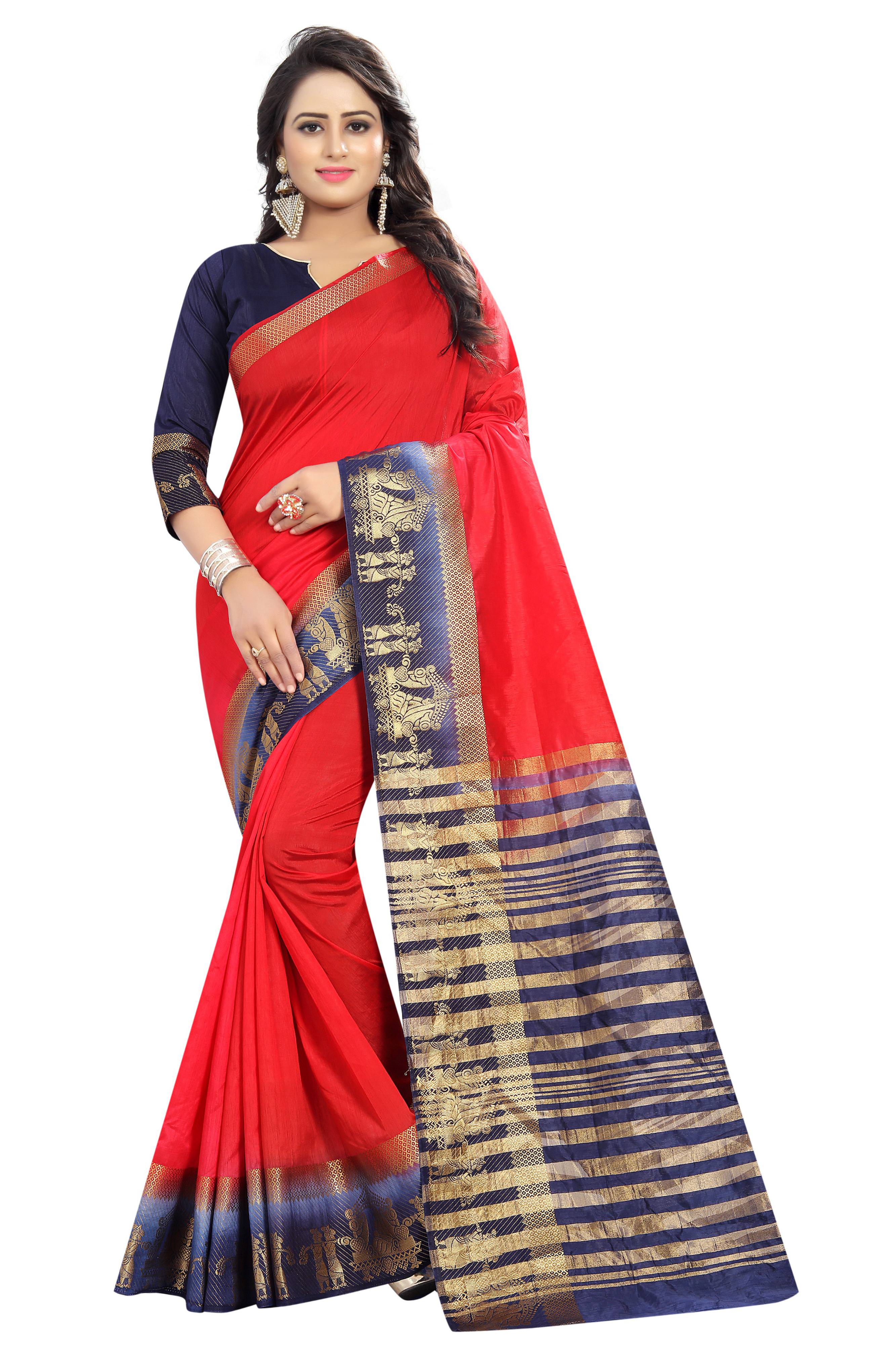 Buy SATYAM WEAVES WOMEN'S ETHNIC WEAR KANJIVARAM COTTON SILK DARK RED ...