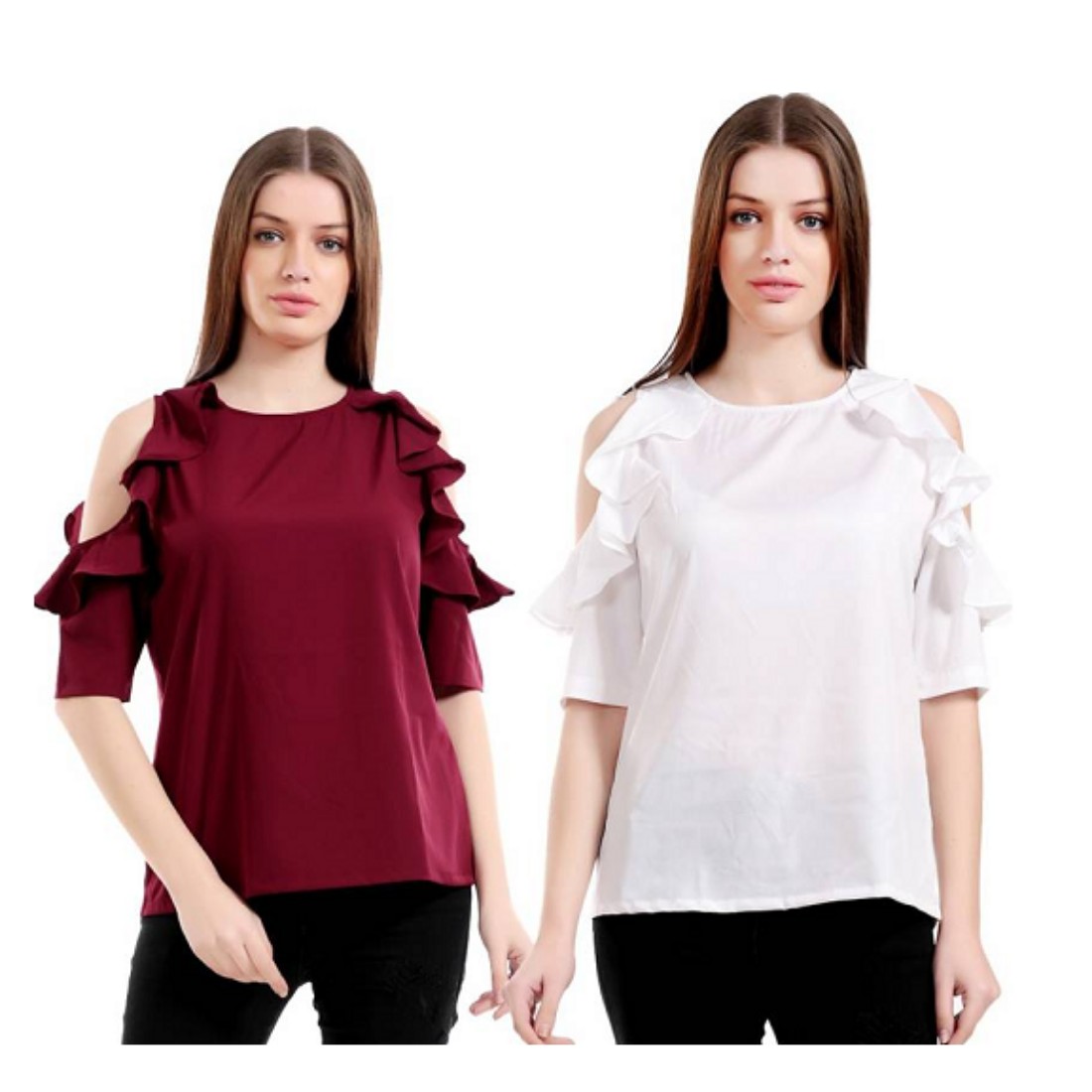 Buy Girls Shopping Pack of 2 Crepe Cold Shoulder Ruffled Sleeves Tops ...