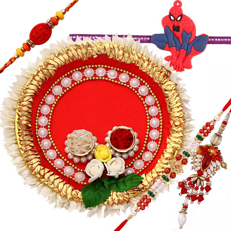 Buy Rakshabandhan Red Tikka Pooja Thali With Family Rakhi Set Online ...